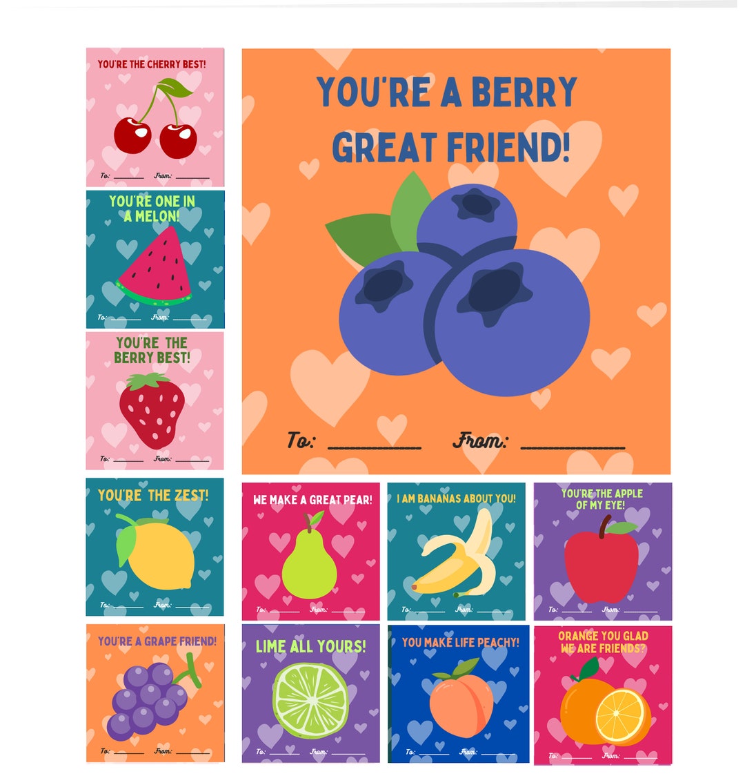 Fruit Themed Valentines, Funny Food Pun Mini Kids Valentines With ...