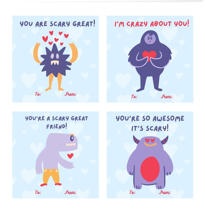 Monster Valentines, Set of Monster Valentines for Classroom, Mini Kids ...