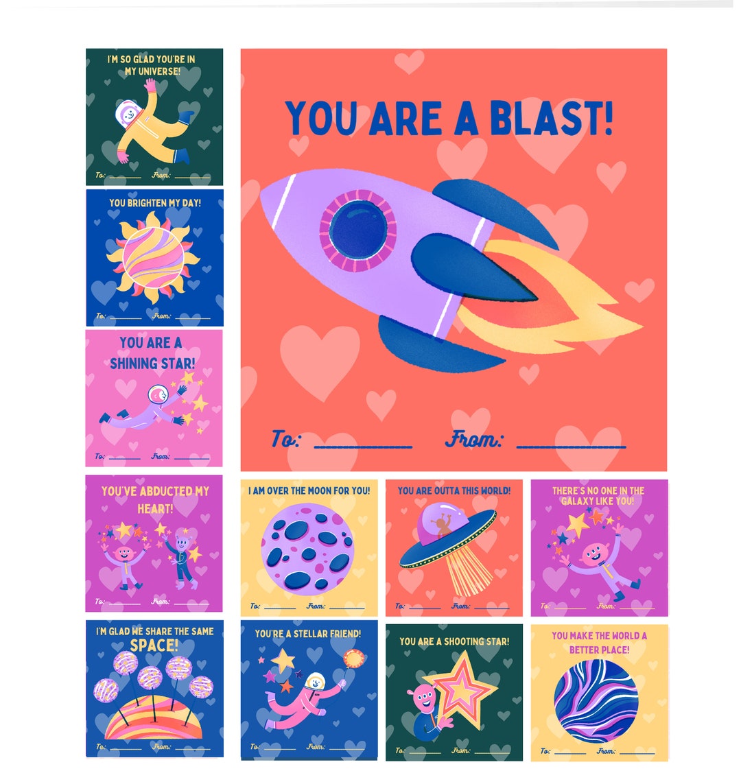 Space Themed Valentines, Set of Alien Valentines for Classroom, Mini ...