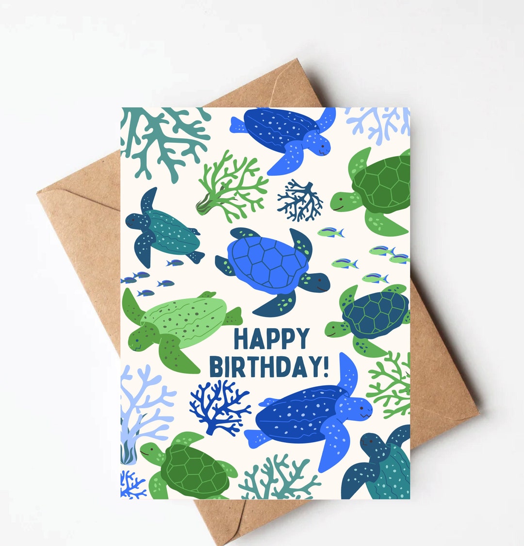 Sea Turtle Birthday Card, Cute Illustrated Birthday Card, Kids Birthday ...