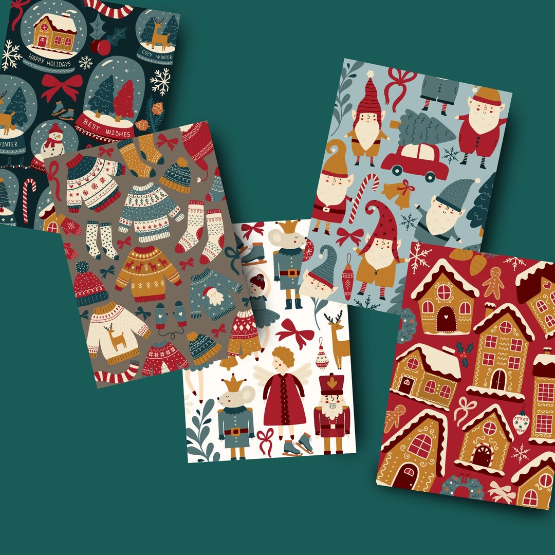 Set of 5 Cute Patterned Christmas Cards, Gnome Gingerbread Nutcracker ...
