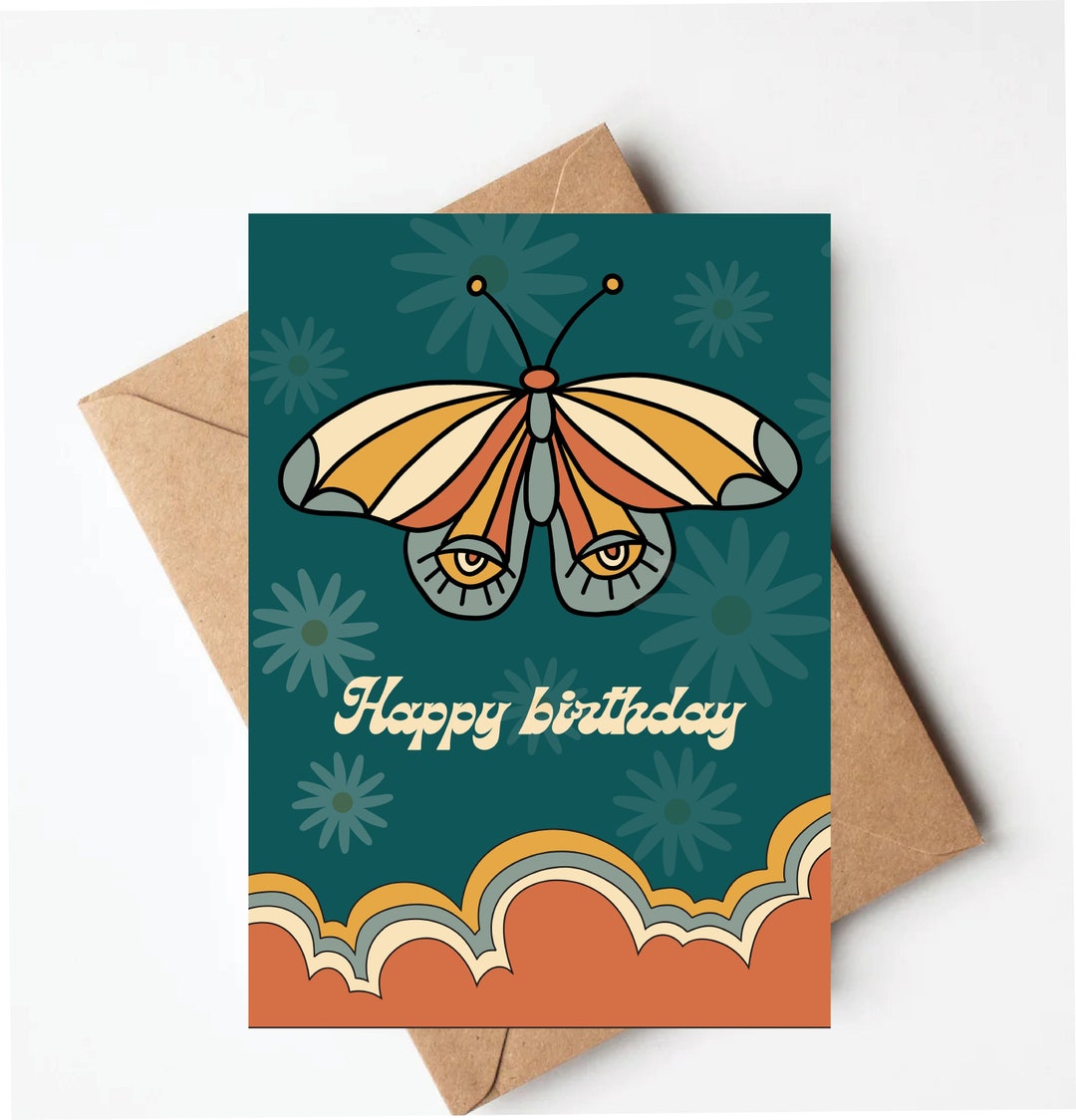 Retro Moth Birthday Card, Groovy Birthday Card, 70s Retro Birthday Card ...