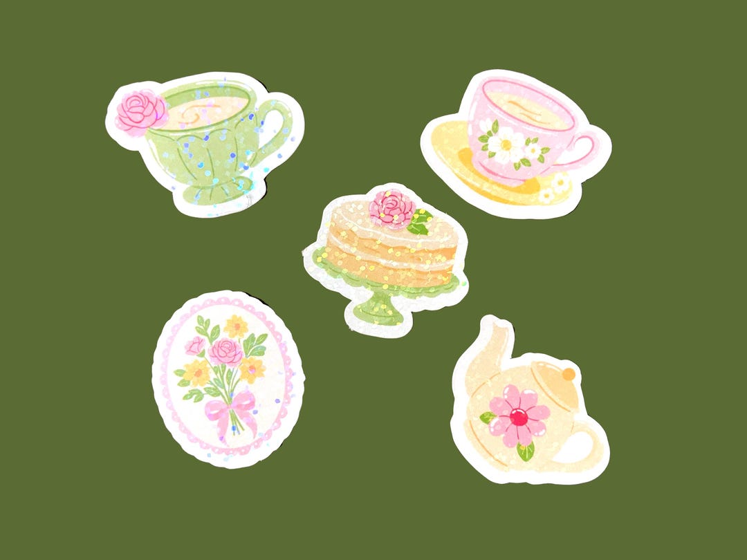 Set of 5 Tea Party Themed Stickers, Holographic Coquette Preppy Bow ...