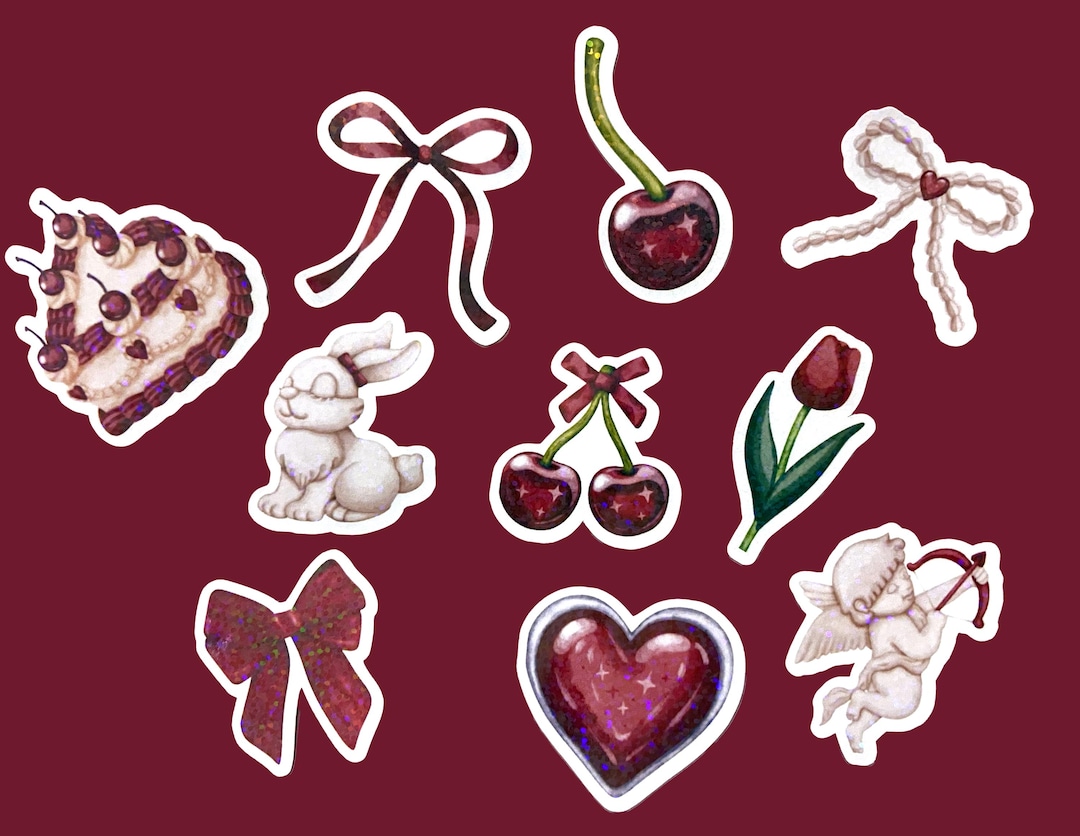 Set of 10 Red Coquette Aesthetic Sparkly Holographic Stickers, Cute ...