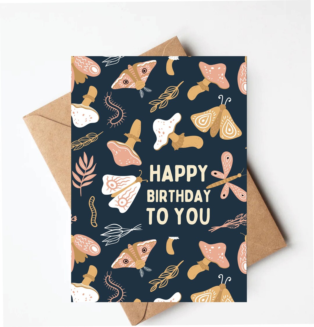Mushroom Birthday Card, Moth Birthday Card for Her, Unique Mushroom ...