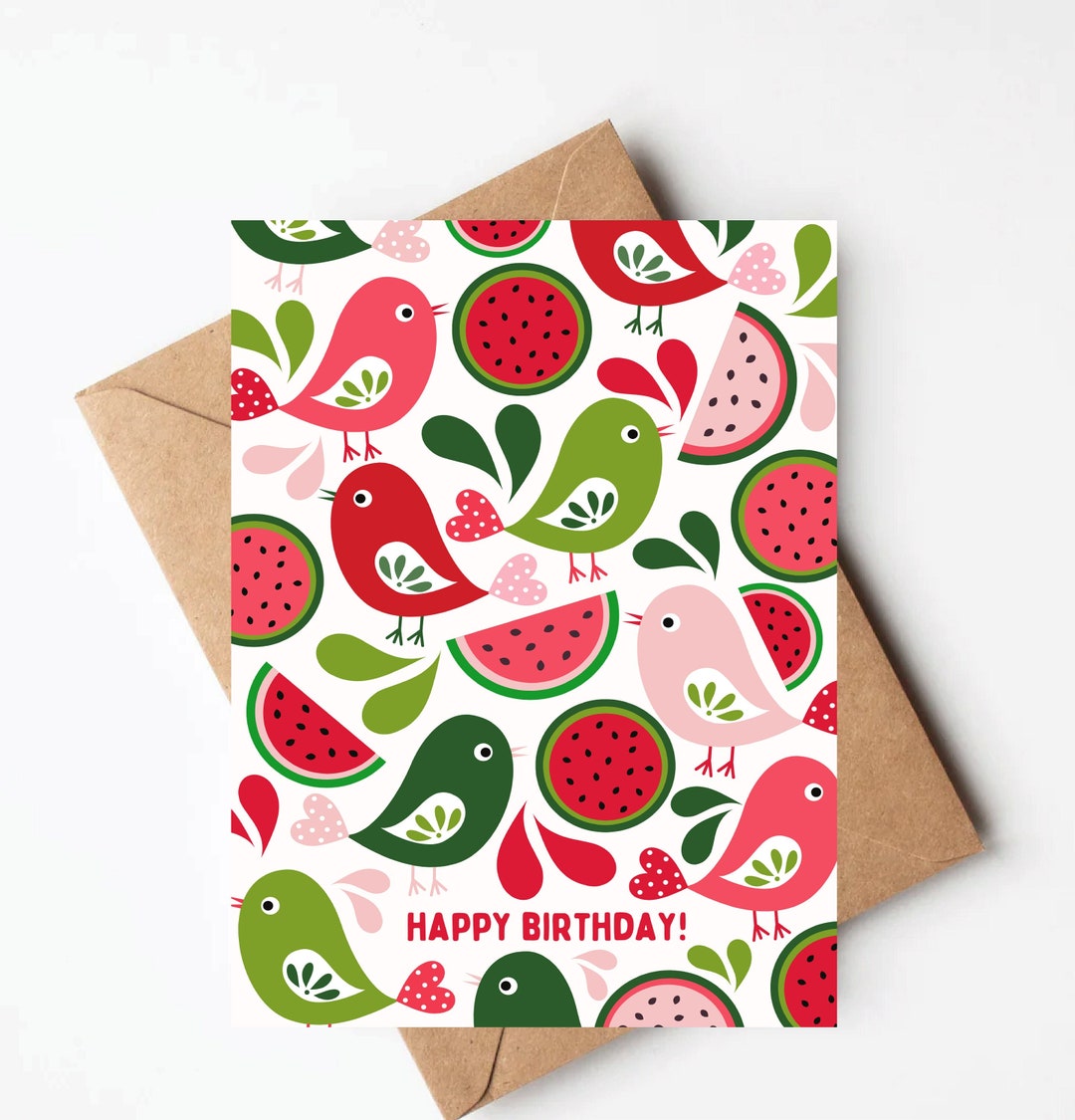 Watermelon Bird Birthday Card, Summer Birthday Card, Watermelon ...