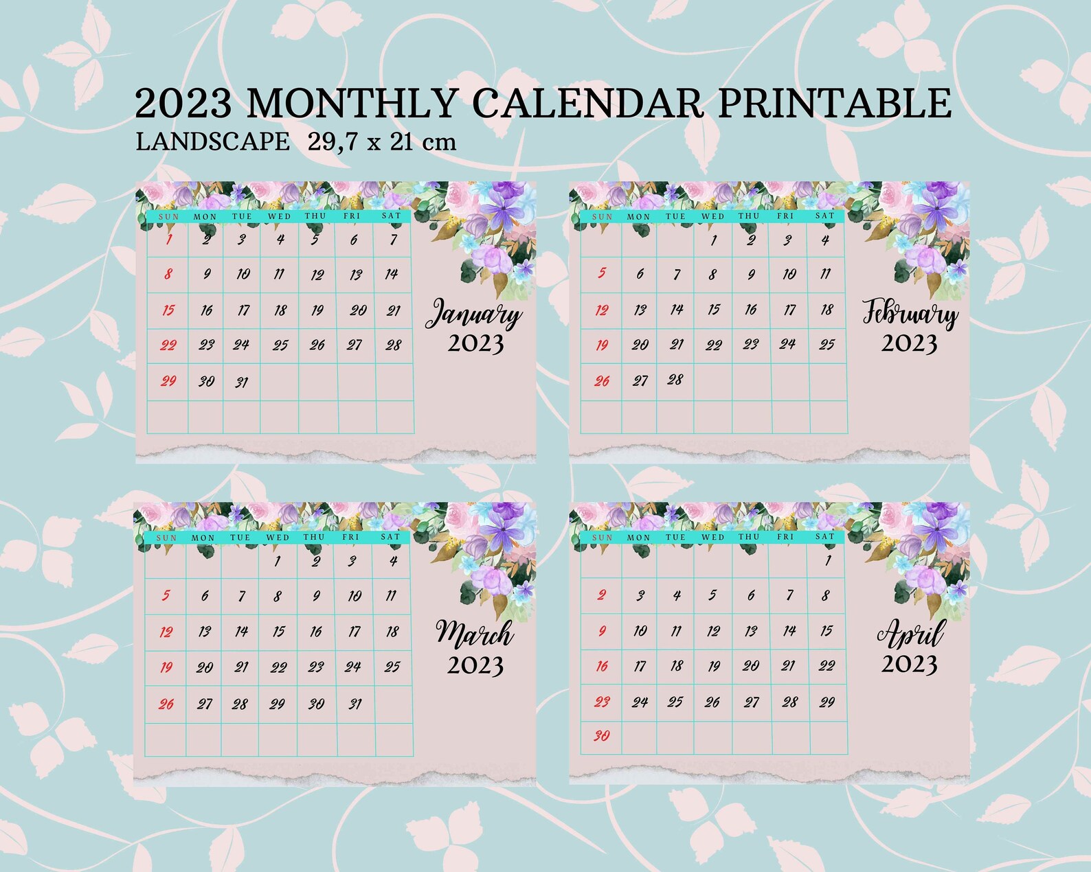 Printable Digital Monthly Calendar 2023 Landscape 297 X 21 - Etsy