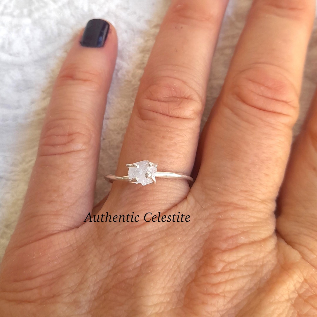 Celestite Ring, Natural Celestite Stone, Pronged Ring, Adjustable Ring ...