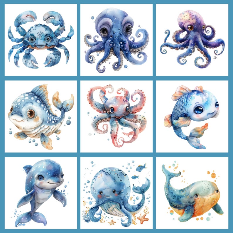 Watercolor Sea Creatures Clipart Bundle Cute Under the Sea Animals Png ...