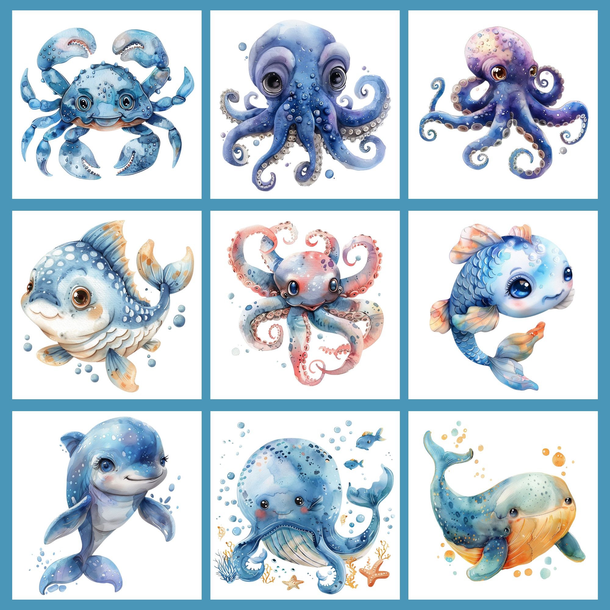 Watercolor Sea Creatures Clipart Bundle Cute Under the Sea Animals Png ...