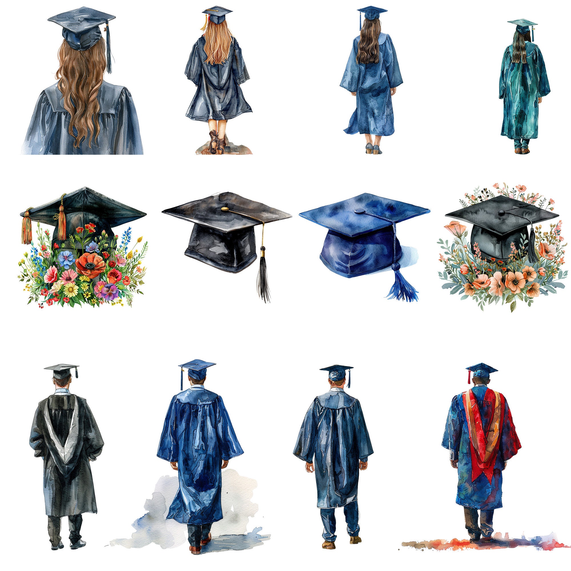 Graduation PNG Sublimation Design Bundle Watercolor Graduation Clipart ...