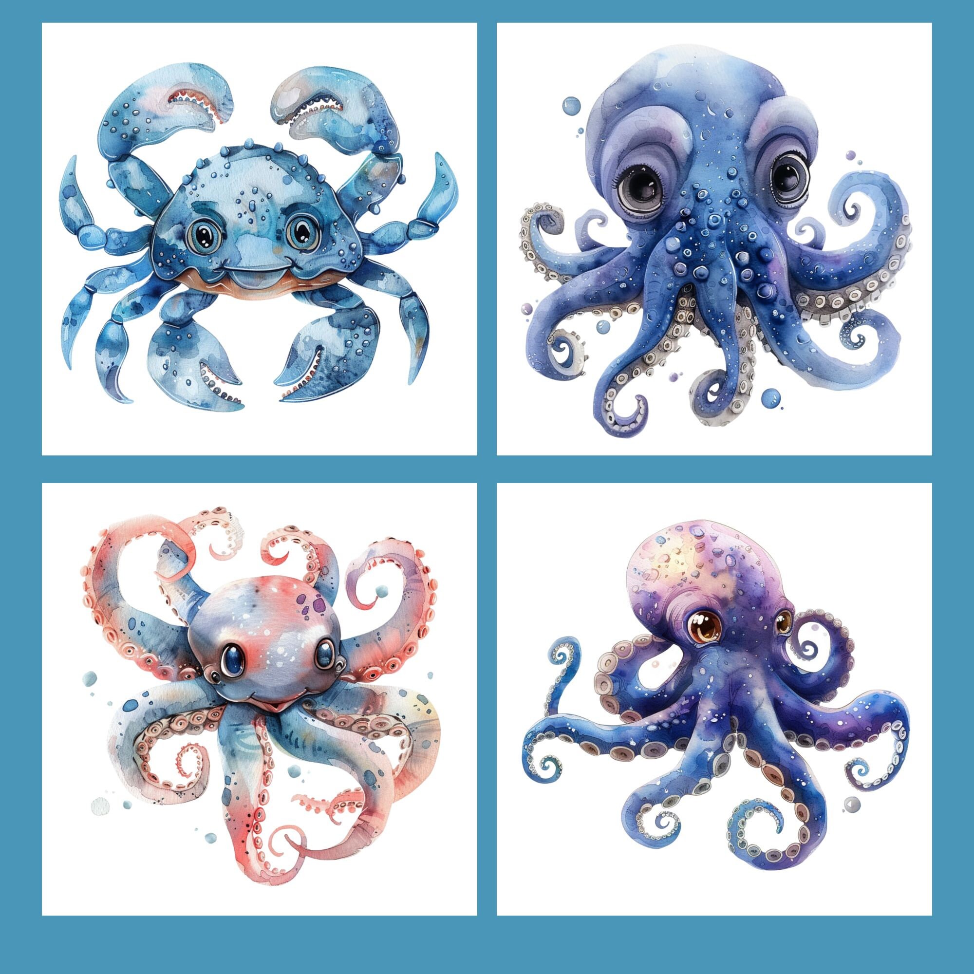 Watercolor Sea Creatures Clipart Bundle Cute Under the Sea Animals Png ...