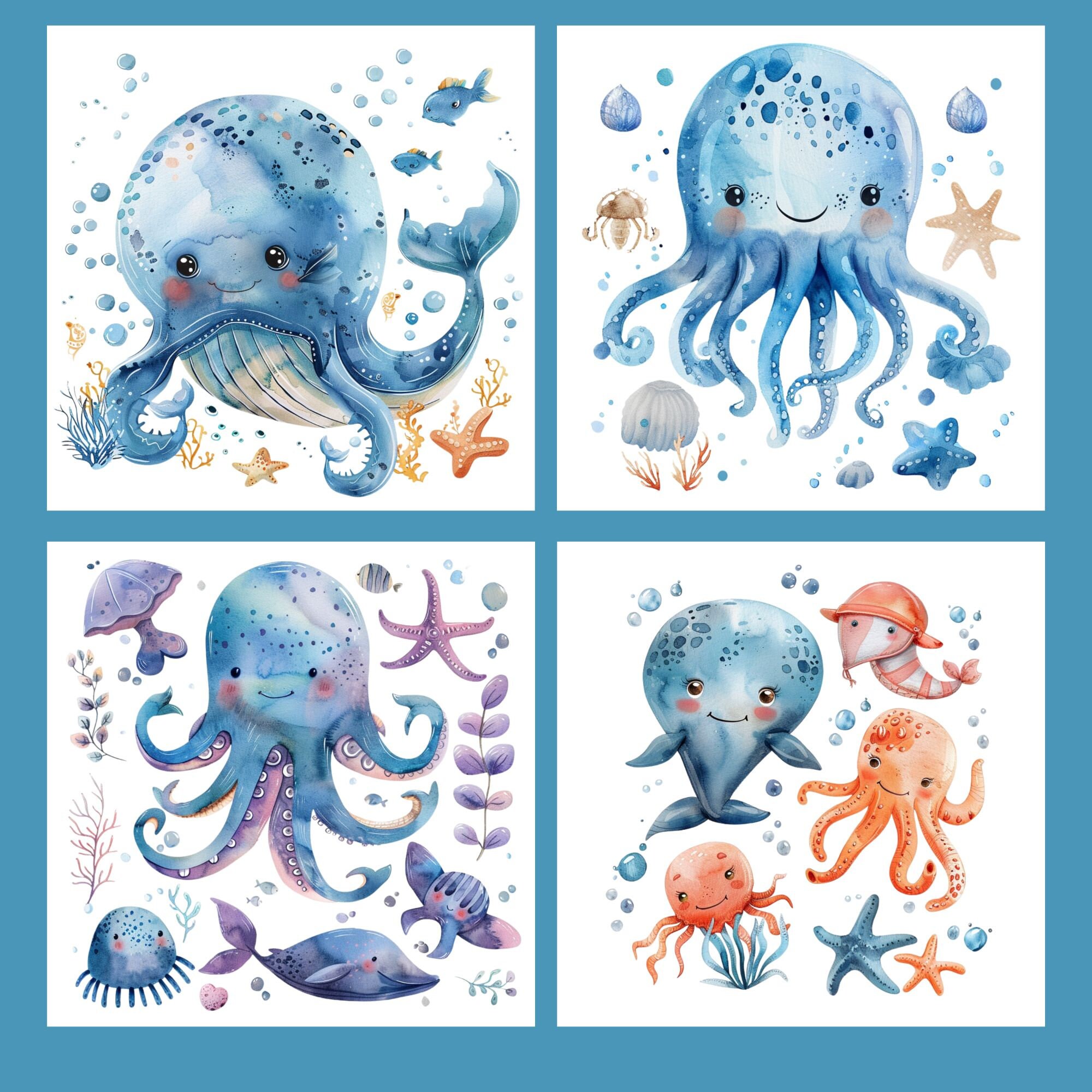 Watercolor Sea Creatures Clipart Bundle Cute Under the Sea Animals Png ...