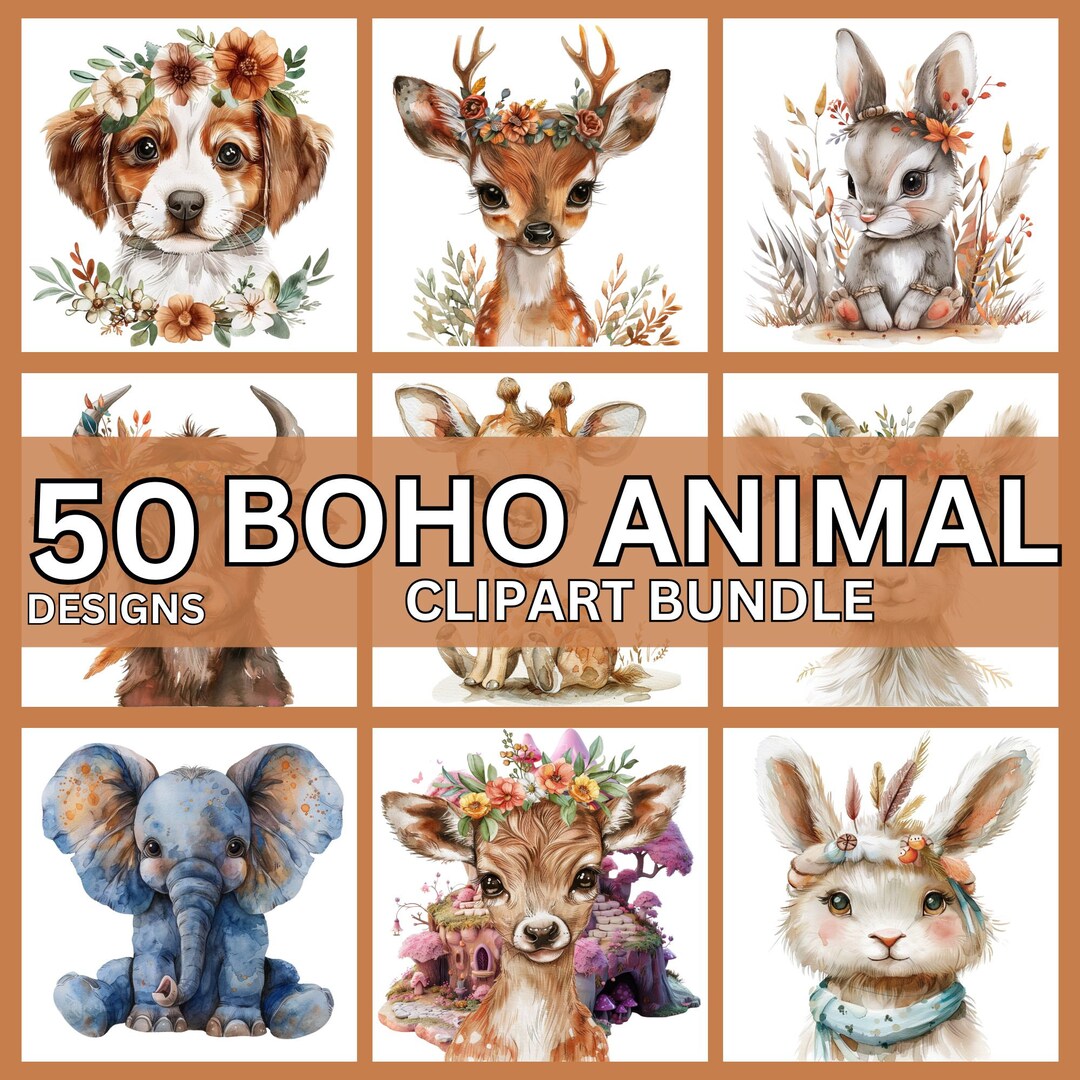 Boho Animal Clipart Bundle. Watercolor Woodland Animals PNG Bundle ...