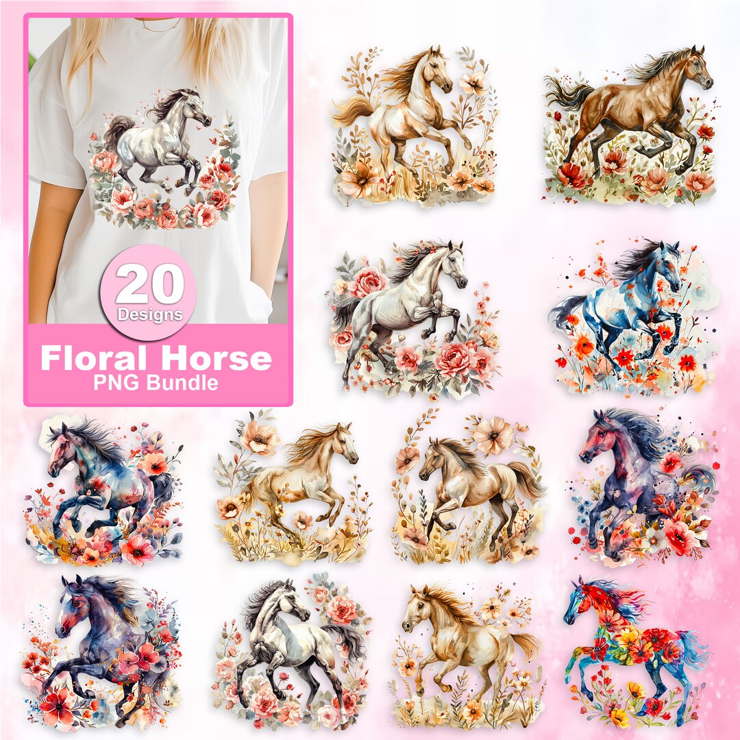 20 Watercolor Floral Horse Clipart Horse Flowers PNG Bundle Horse PNG ...