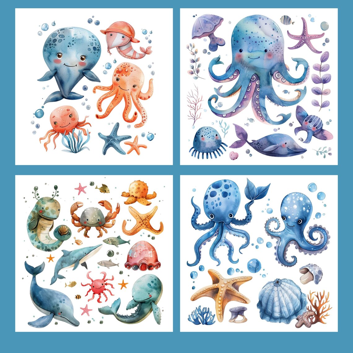 Watercolor Sea Creatures Clipart Bundle Cute Under the Sea Animals Png ...