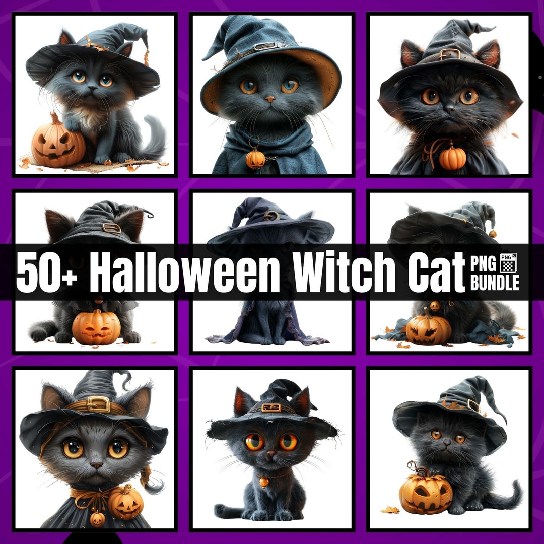 50+ Halloween Witch Cat Png Bundle, Halloween Kitten Clipart, Witchy ...