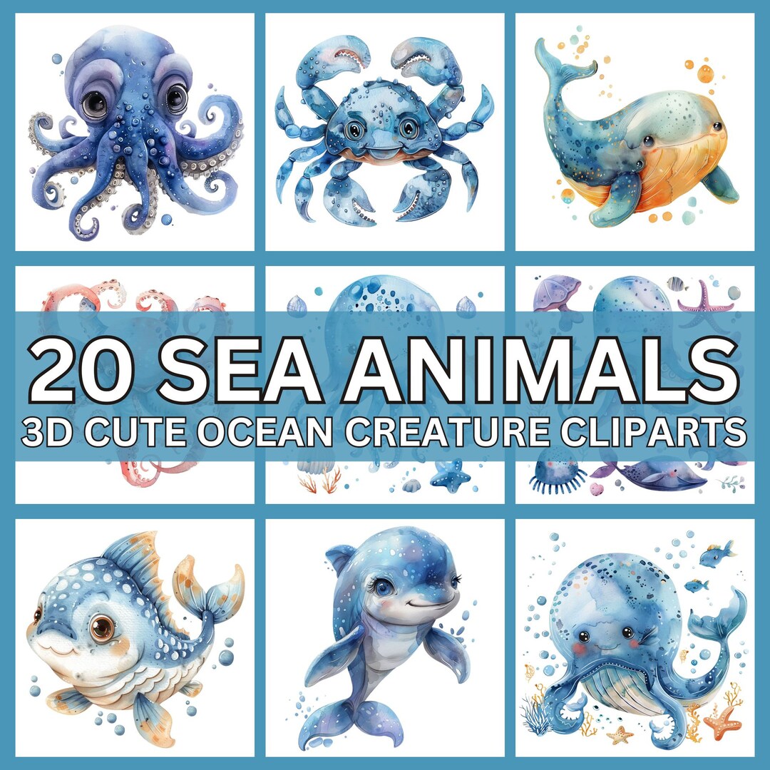 Watercolor Sea Creatures Clipart Bundle Cute Under the Sea Animals Png ...