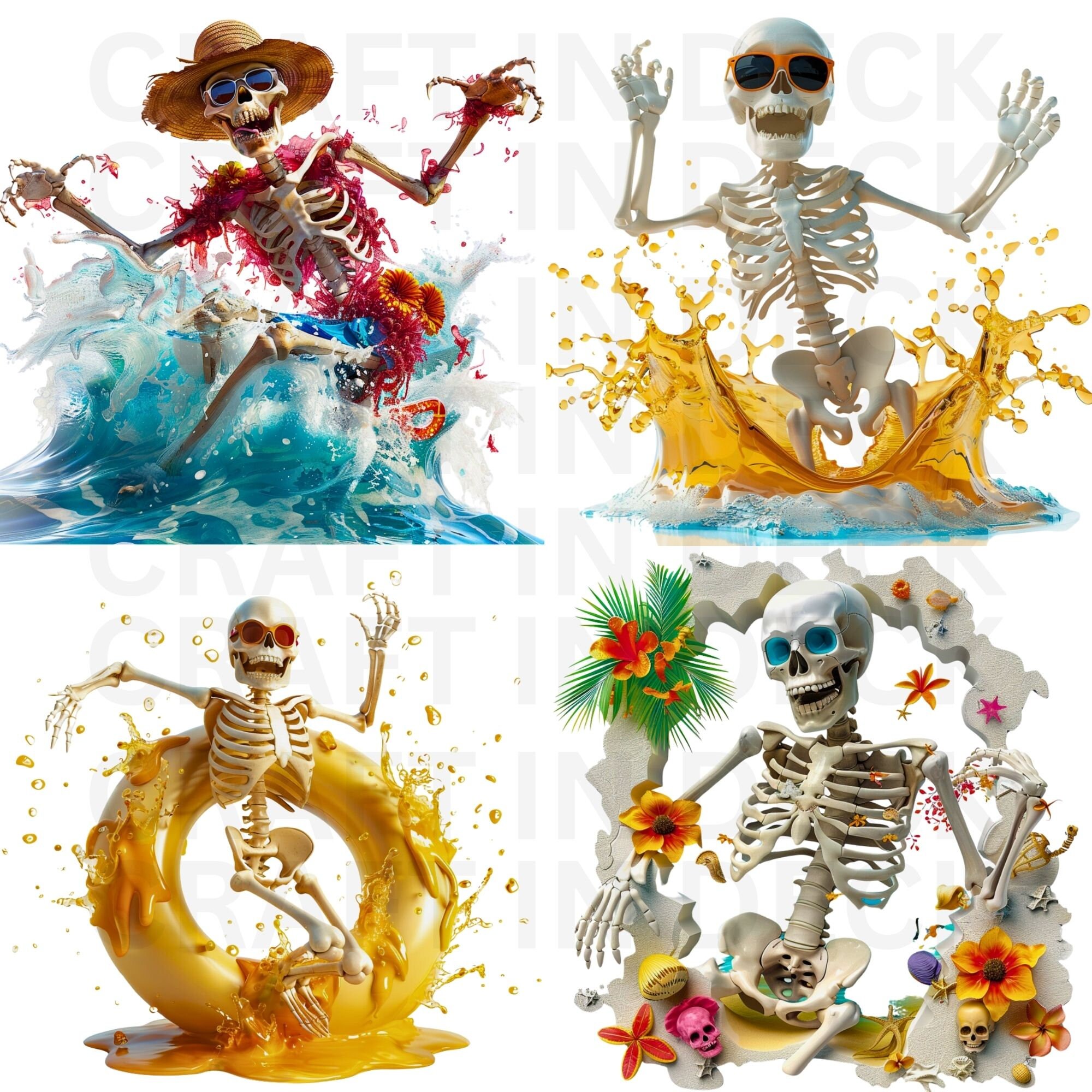 3D Summer Skeleton Png Bundle, Beach Skeleton Png, Skull Png, Summer ...