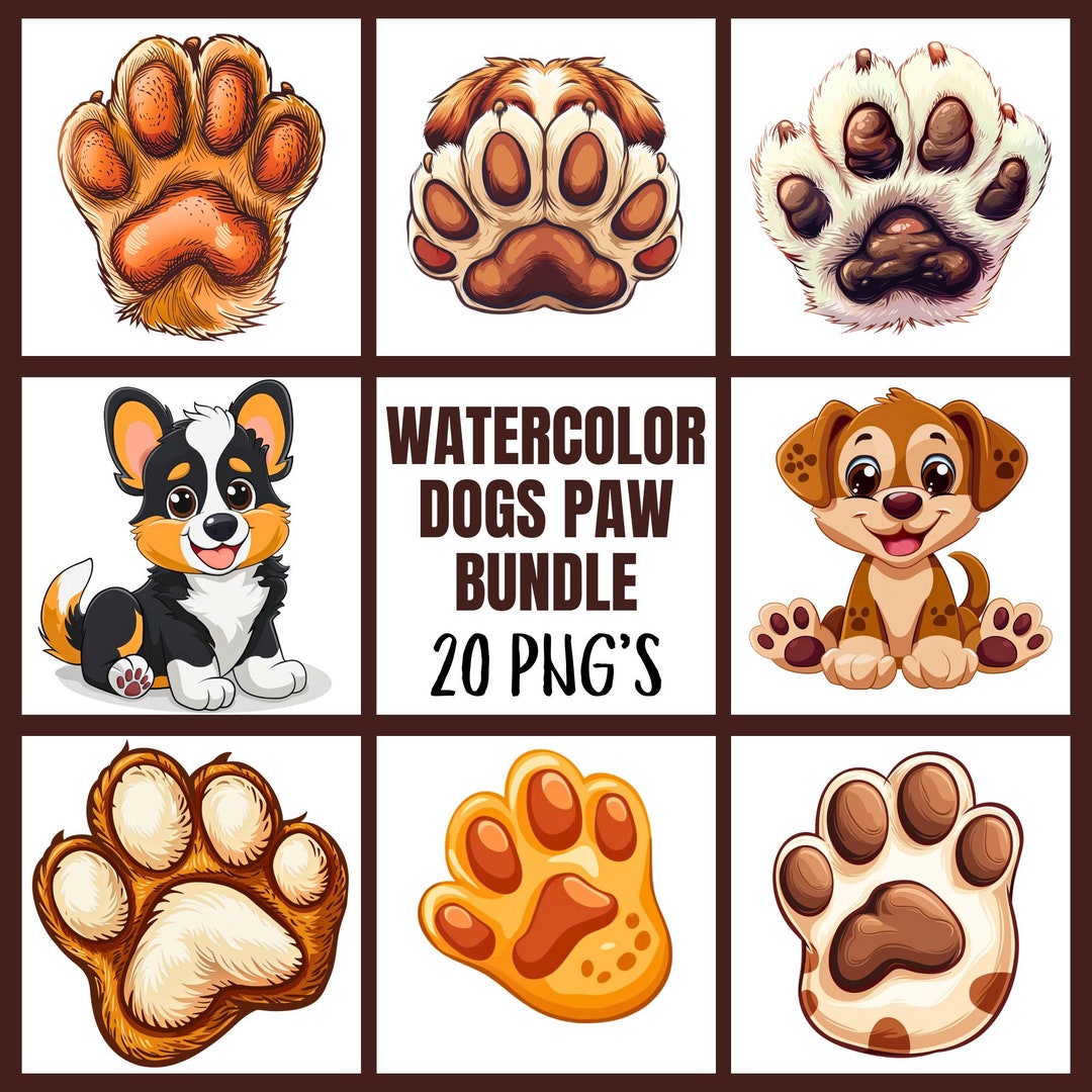 20 Watercolor Dog Paws Clipart PNG Bundle, Pet Lover Digital Art, Pet ...