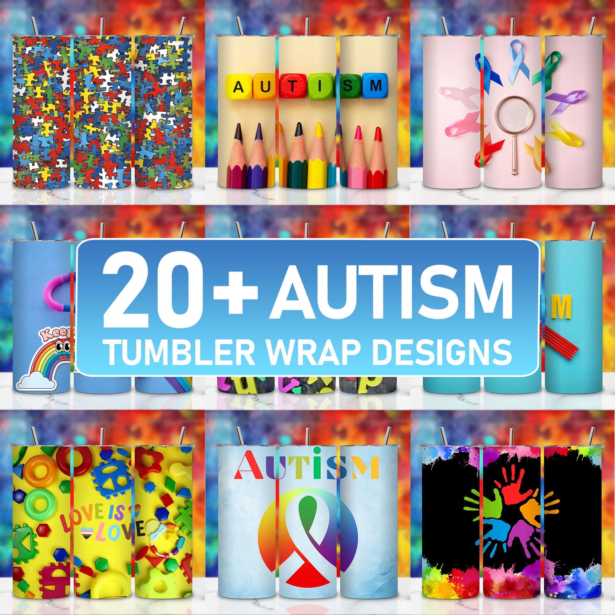 Autism Tumbler Bundle Wraps Embrace Neurodiversity, 20oz Skinny Autism ...