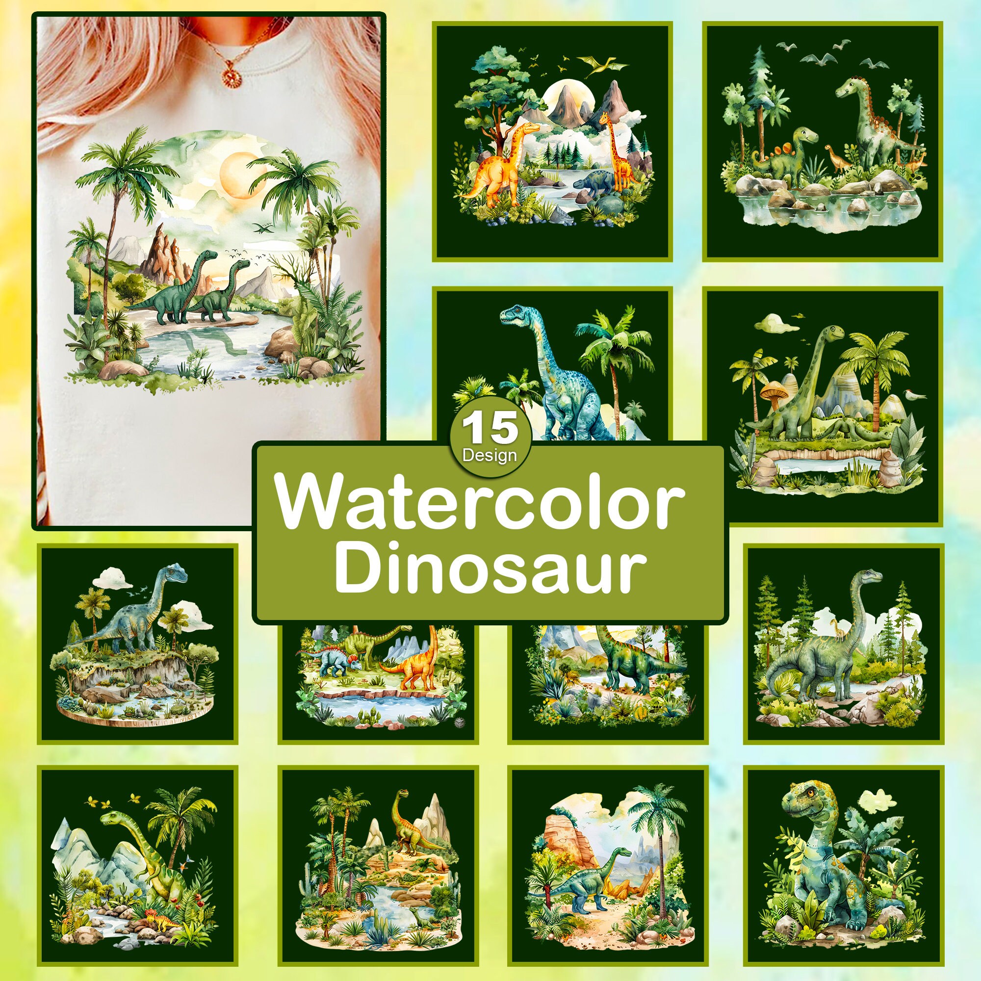 Watercolor Dinosaur Clipart Bundle Prehistoric Dino Creature Graphics ...