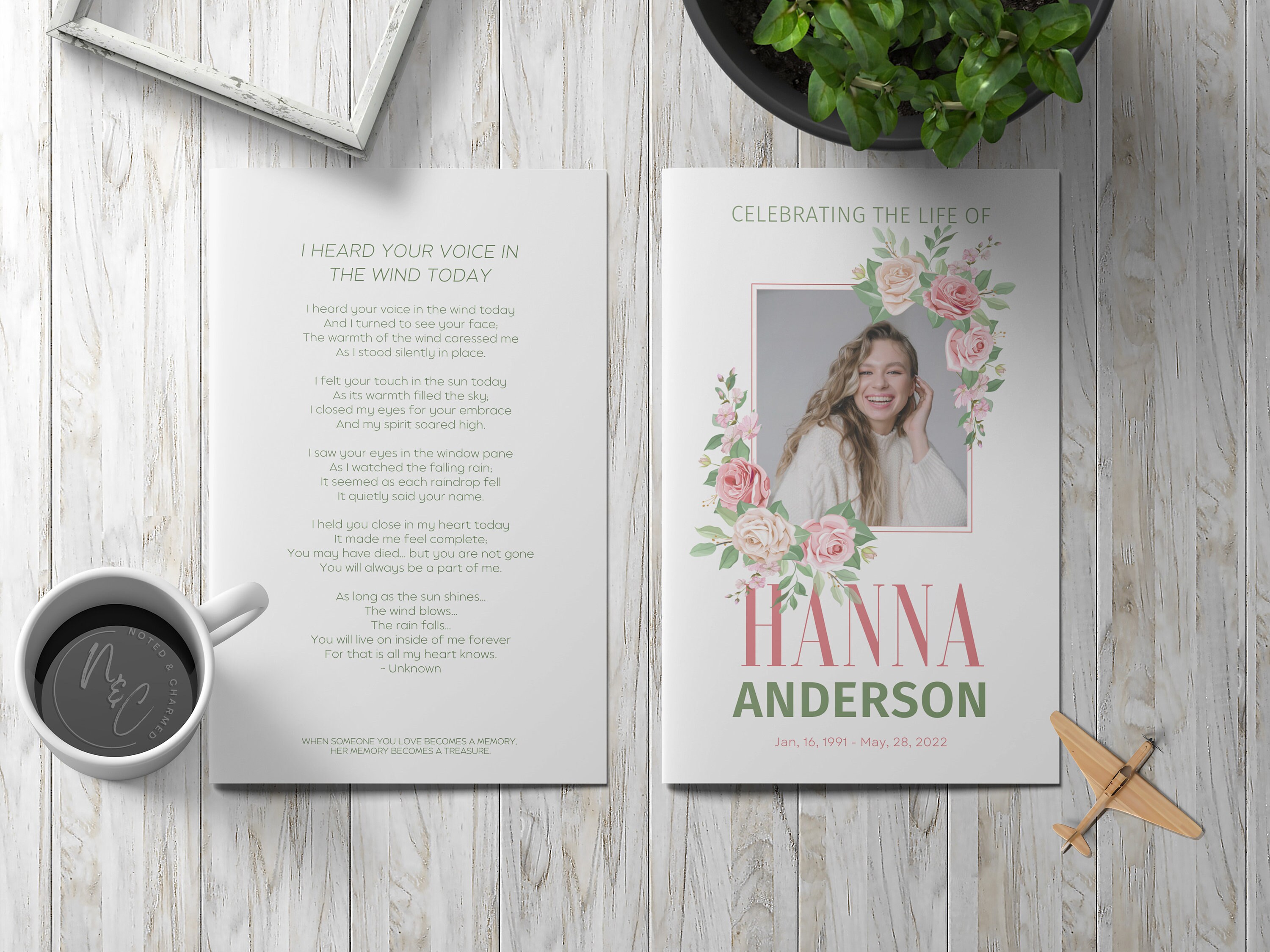 Pink Roses Funeral Program Template - Celebration of Life, In Loving ...