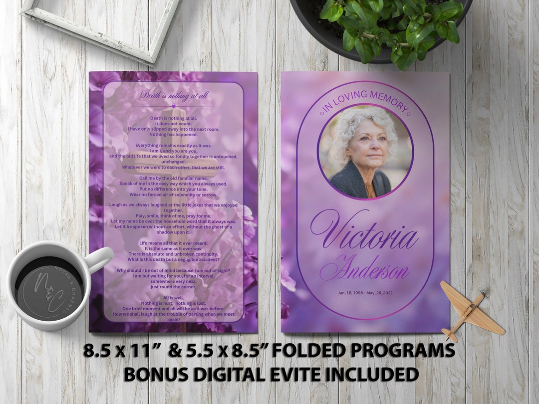Cross and Purple Flowers Funeral Program Template Memorial Announcement ...