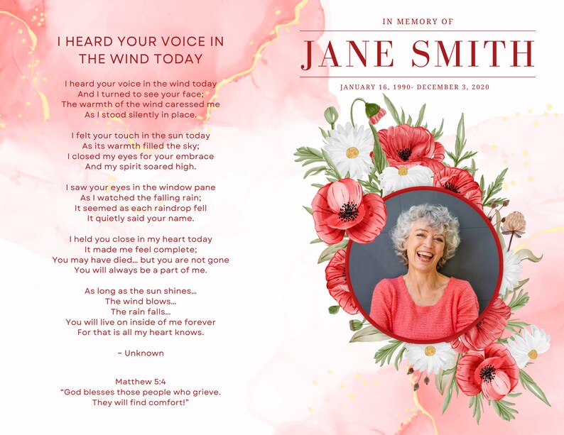 Poppy Funeral Program Template Memorial Announcement, Obituary Flyer ...