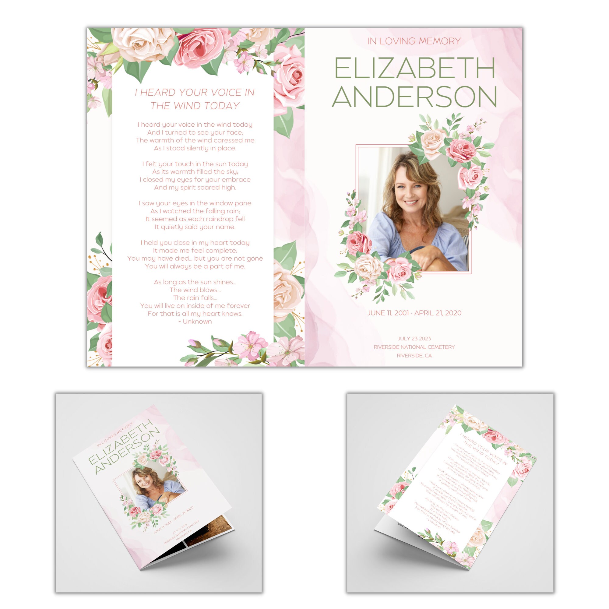Pink Roses Funeral Program Template Celebration of Life in - Etsy