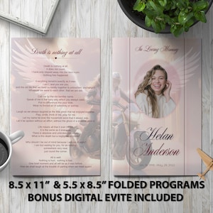 Woman Motorcycle Angel Funeral Program Template Memorial Announcement ...