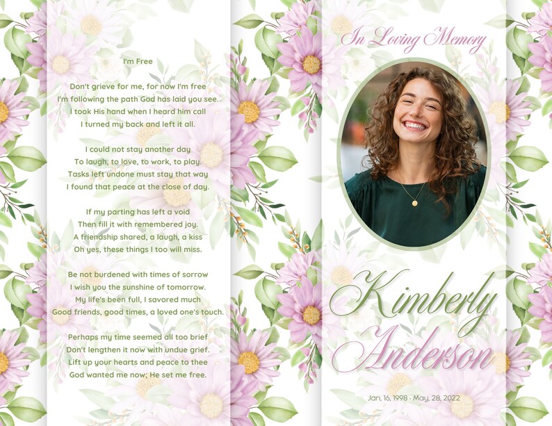 Purple Daisy Funeral Program Template Memorial Announcement, Obituary ...