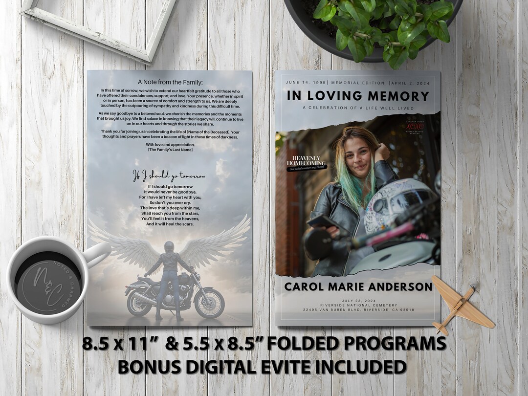 Female Motorcycle Angel Funeral Program Template Memorial Announcement ...
