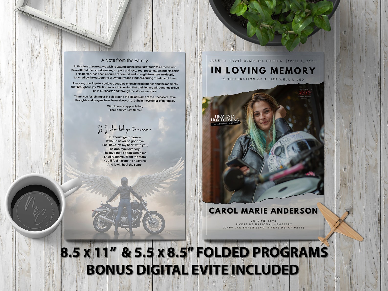 Female Motorcycle Angel Funeral Program Template Memorial Announcement ...
