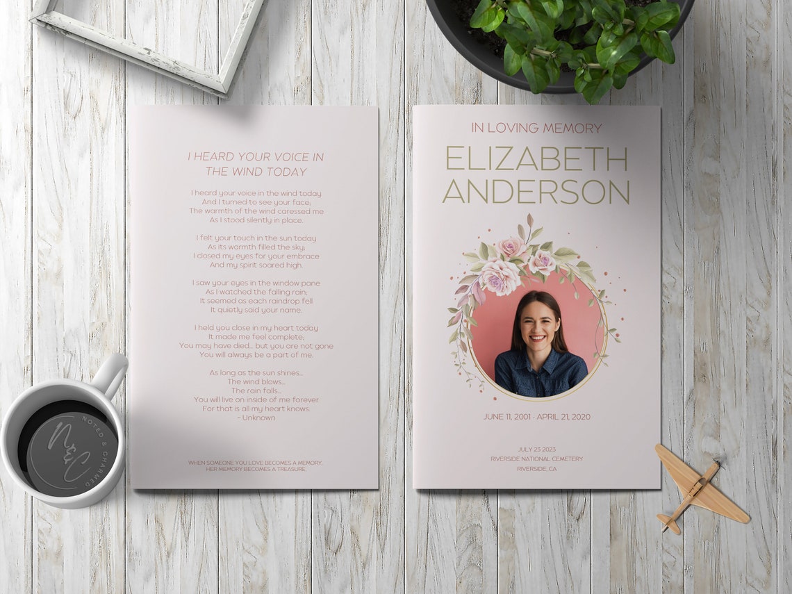 Pink Roses Funeral Program Template Celebration of Life in - Etsy
