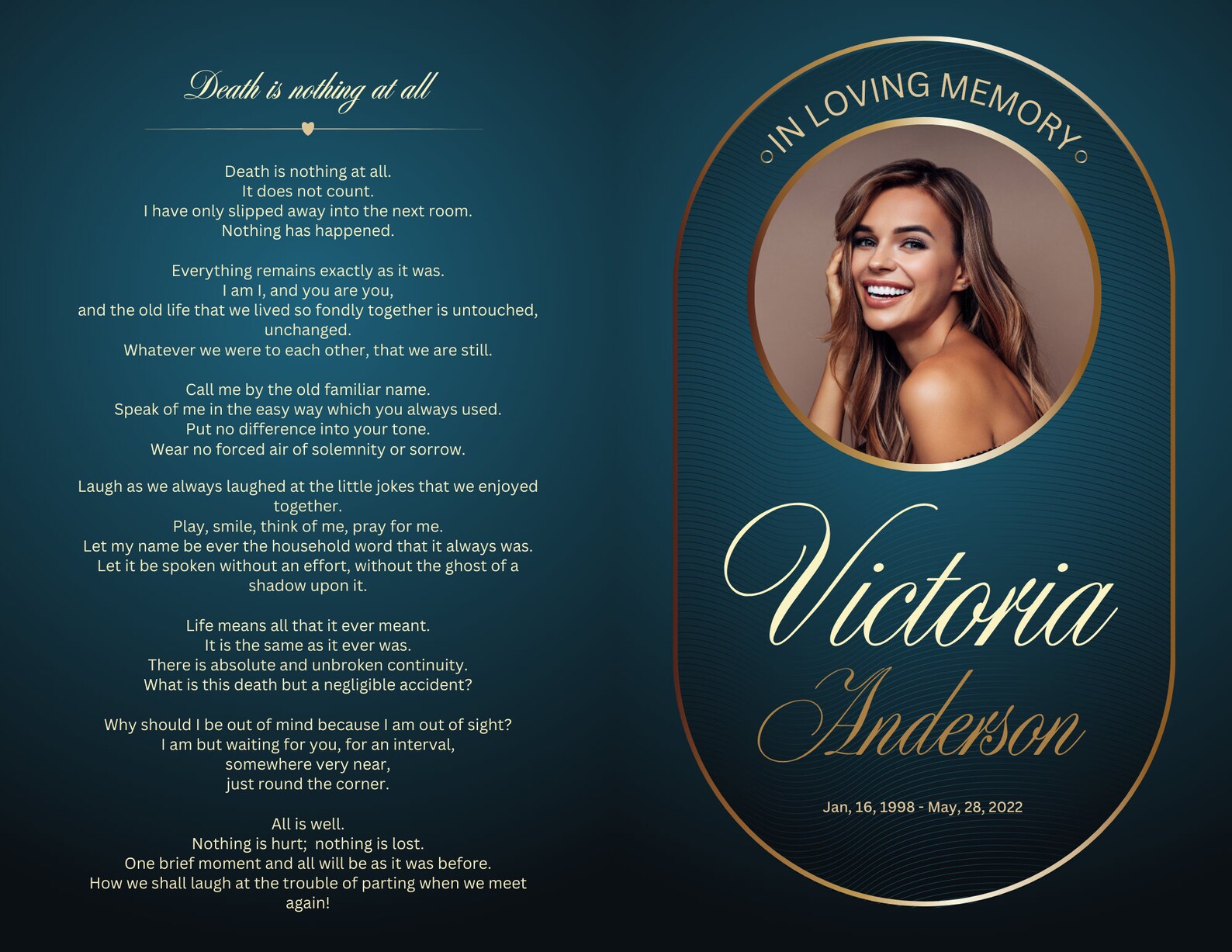 Modern Teal Funeral Program Template Memorial Announcement, Obituary ...