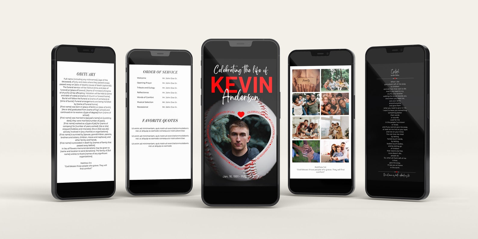 Baseball Funeral Program Template - Memorial Announcement, Obituary Flyer, Celebration of Life ...