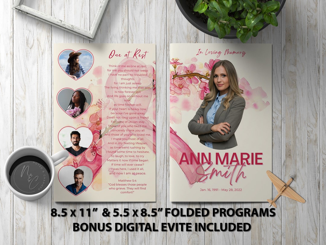 Pink Ribbon Funeral Program Template Memorial Announcement, Obituary ...