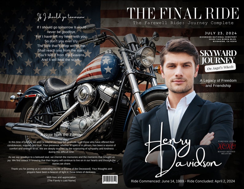 Magazine Style Motorcycle Funeral Program Template 2 Memorial ...