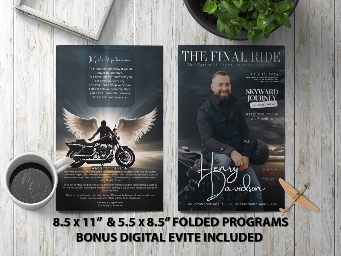 Magazine Motorcycle Angel Funeral Program Template 2 Memorial ...