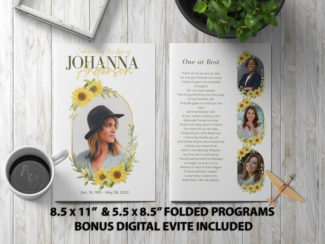 Sunflower Funeral Program Template - Memorial Announcement, Obituary ...