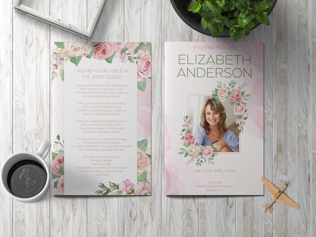 Pink Roses Funeral Program Template Celebration of Life in - Etsy
