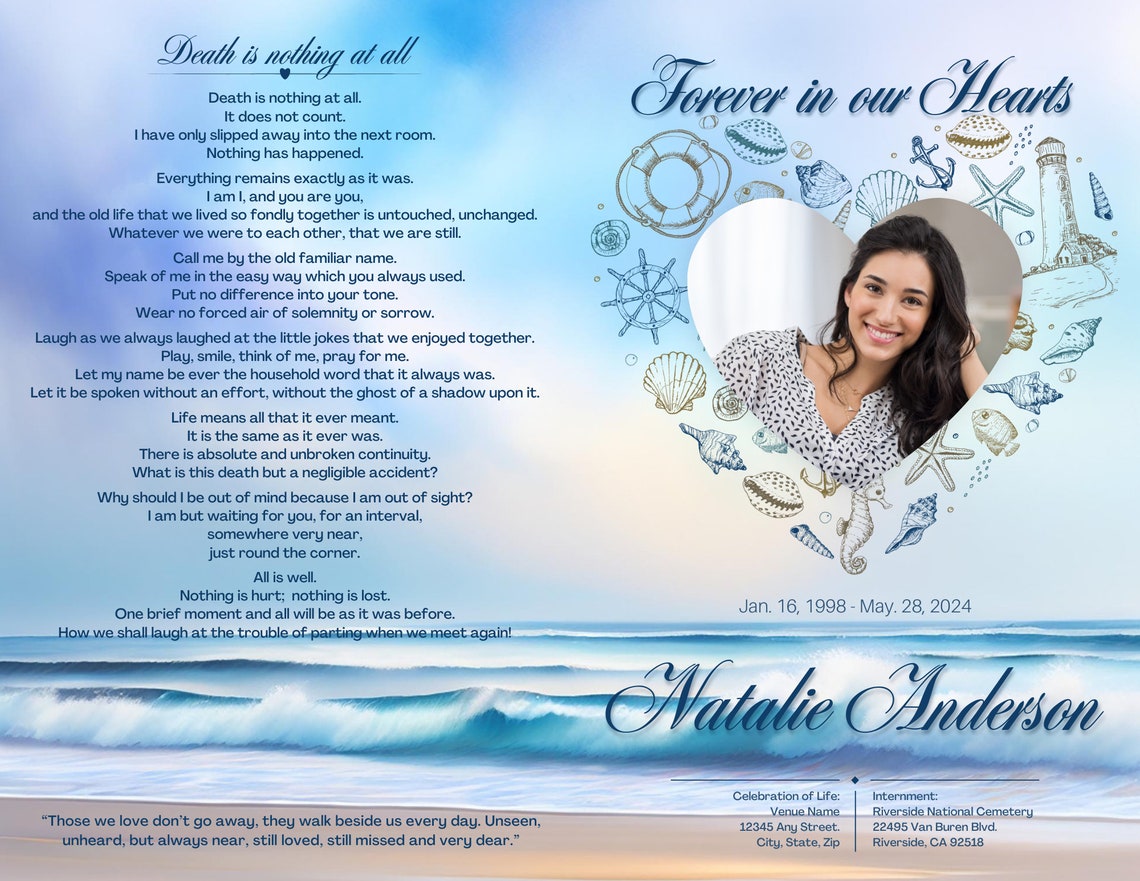 Nautical Beach Funeral Program Template | Editable Memorial Keepsake ...