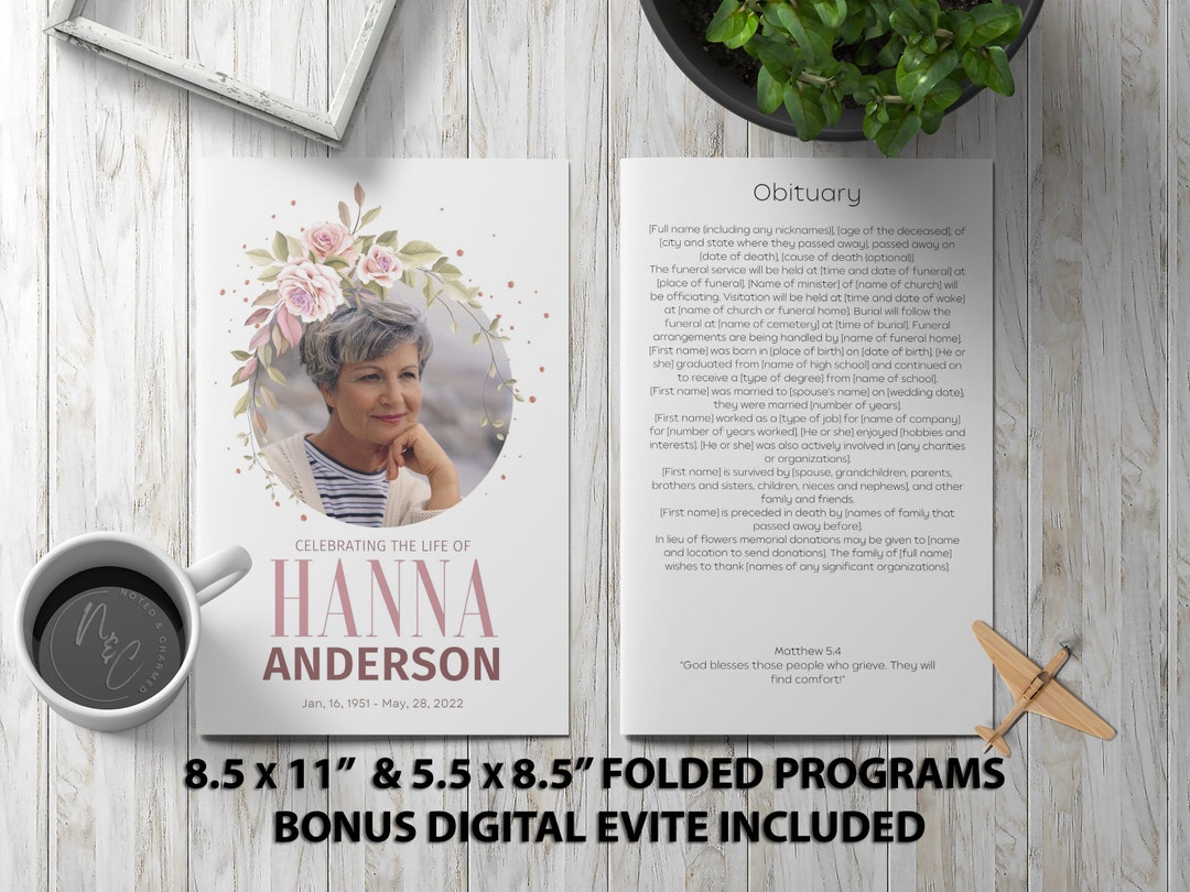 Pink Rose Funeral Program Template Memorial Announcement - Etsy