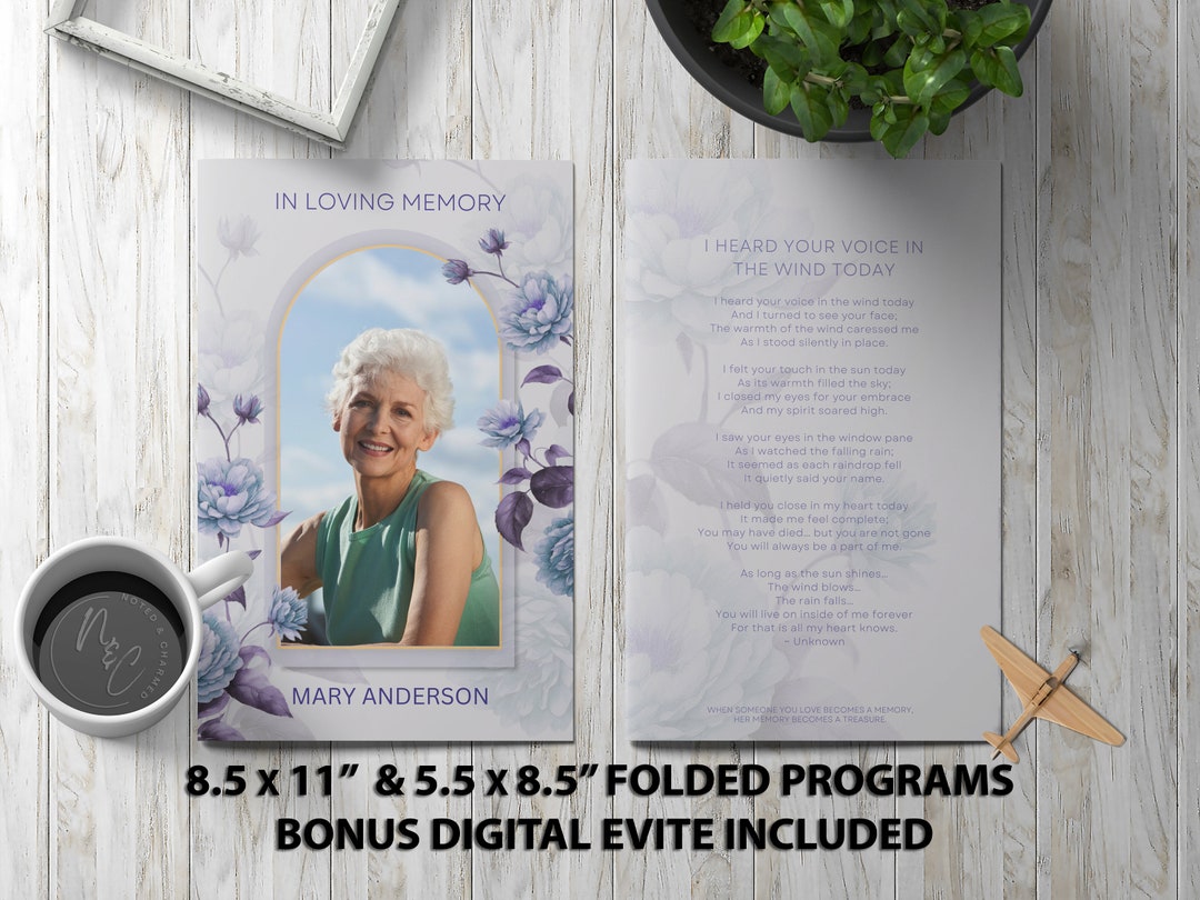 Purple Flowers Funeral Program Template | Memorial Announcement ...