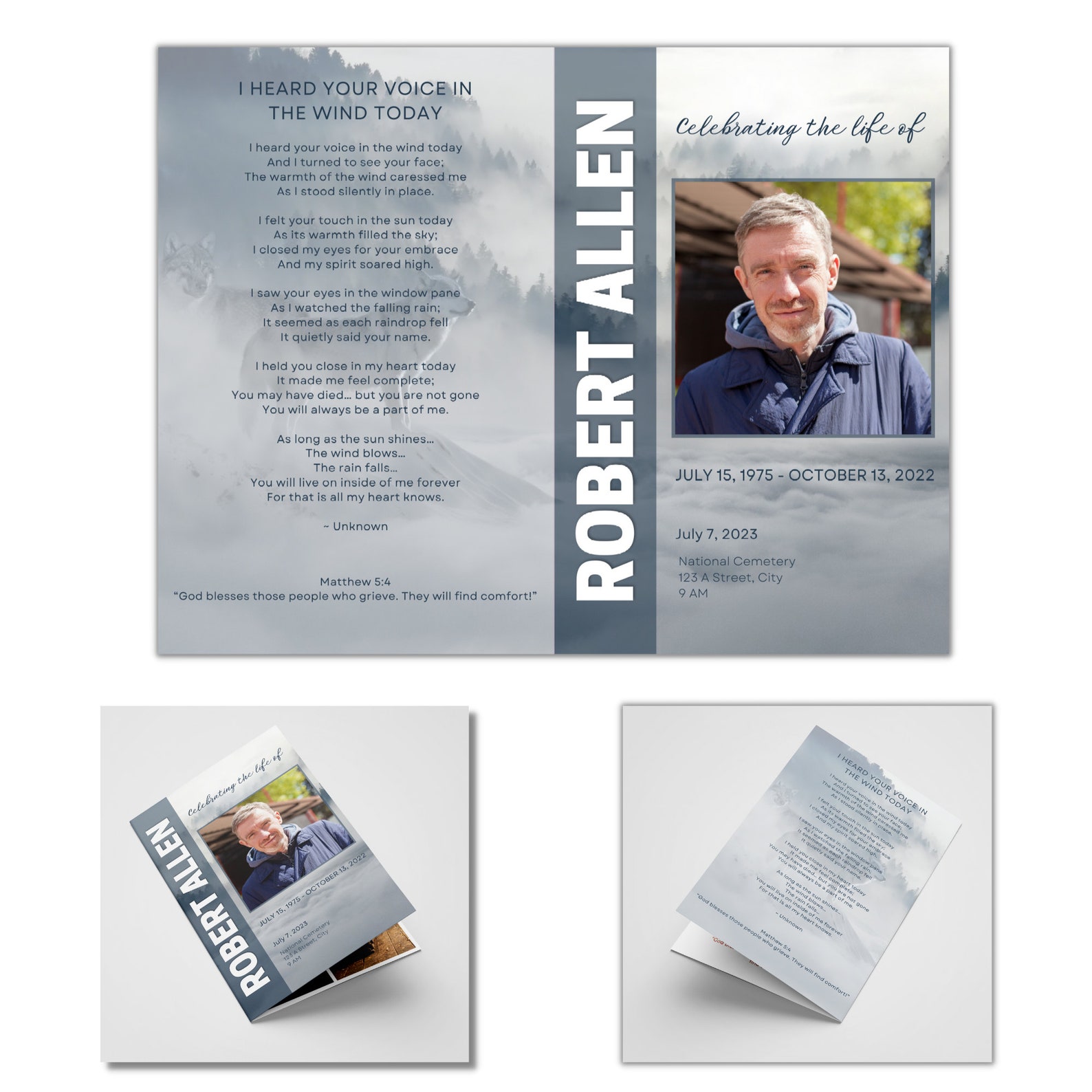 Winter Wolves Funeral Program Template Memorial Announcement, Obituary ...