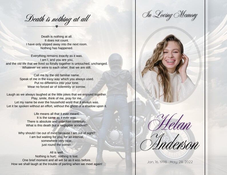 Female Motorcycle Angel Funeral Program Template Memorial Announcement ...