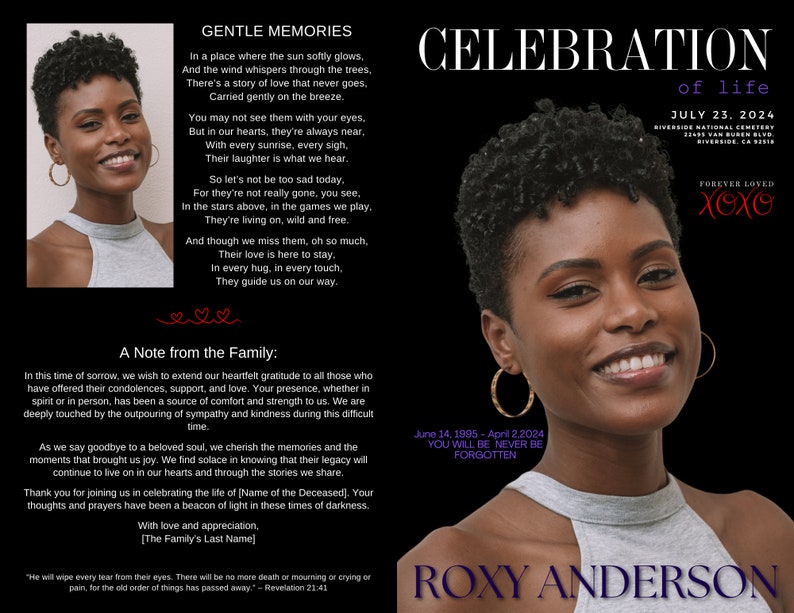 Magazine Style Funeral Program Template | Memorial Announcement ...