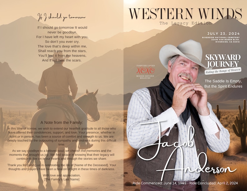 Magazine Style Cowboy Funeral Program Template 2 Memorial Announcement ...