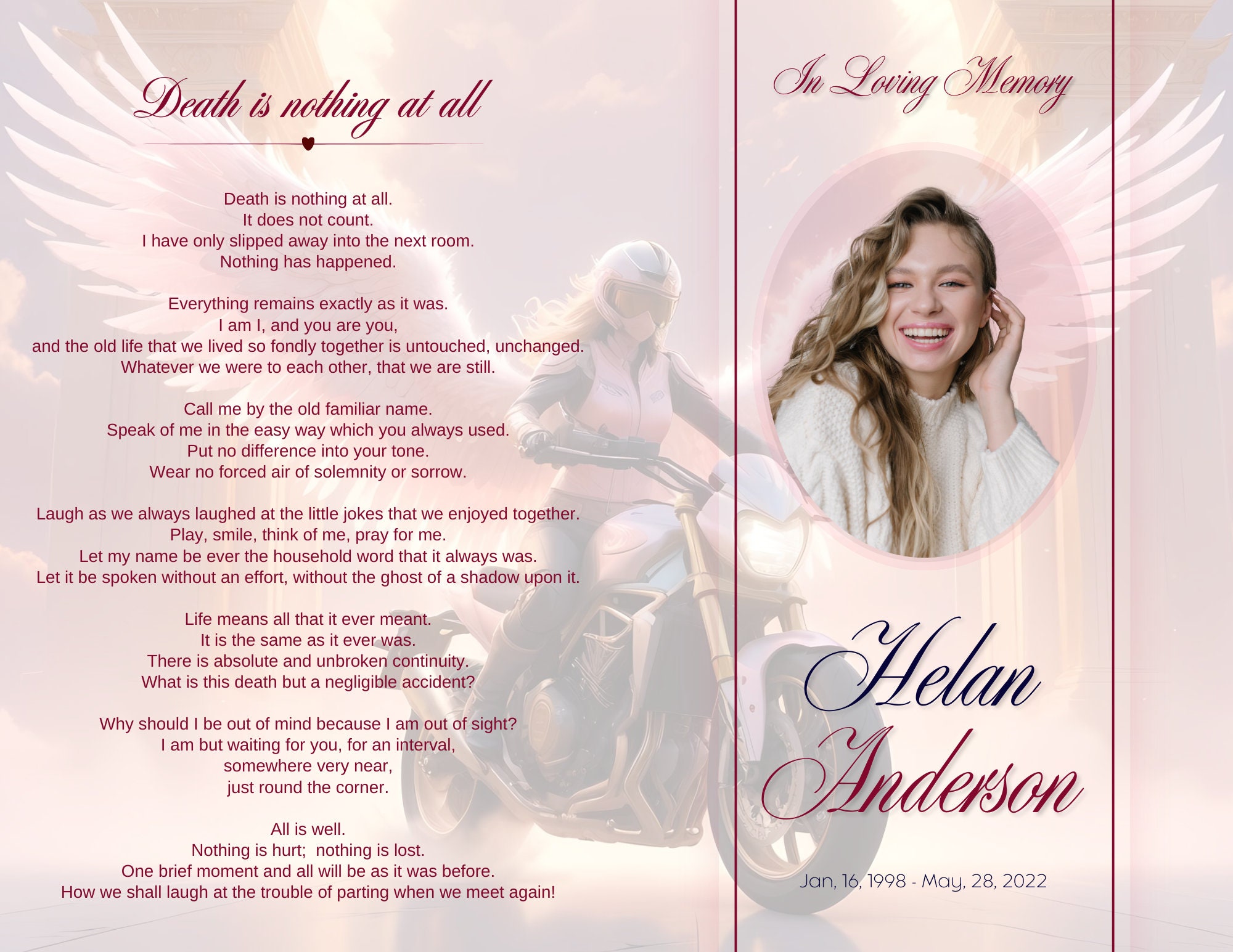 Woman Motorcycle Angel Funeral Program Template Memorial Announcement ...